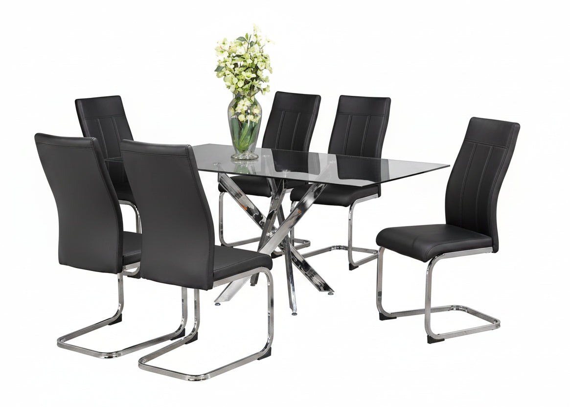 T-1448 | C-1877 Dining Set, 7 Pc, 63" Table + 6 Black Chairs, Chrome S ...